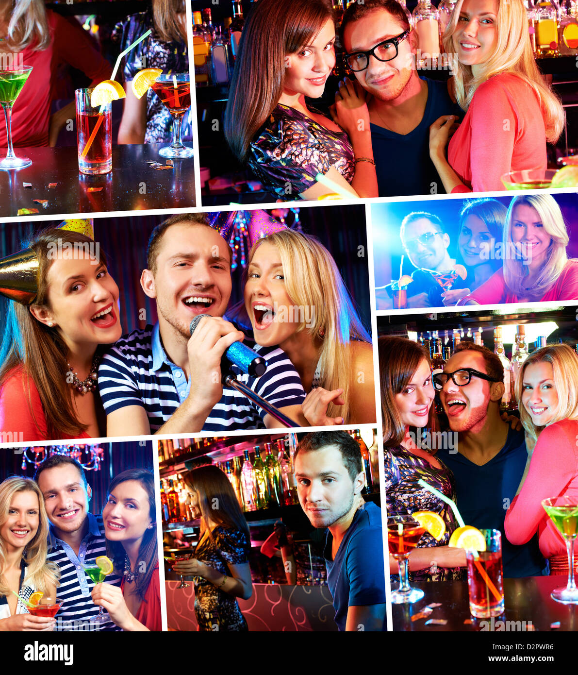 Portrait of happy people singing in microphone in the karaoke bar Stock ...