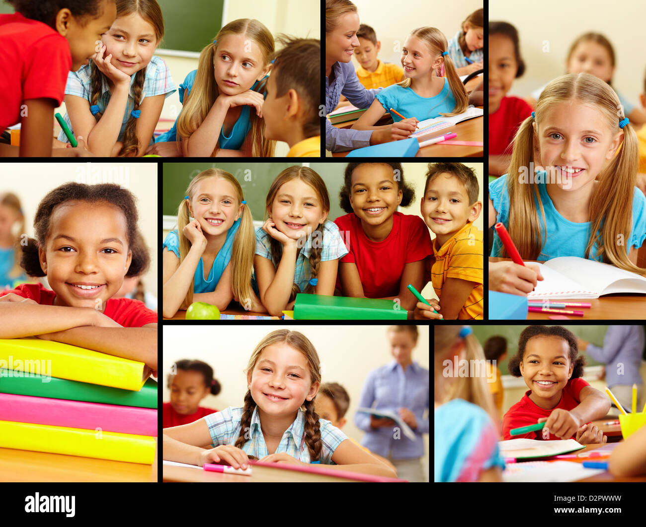 Collage of smart schoolchildren at lesson in classroom Stock Photo - Alamy