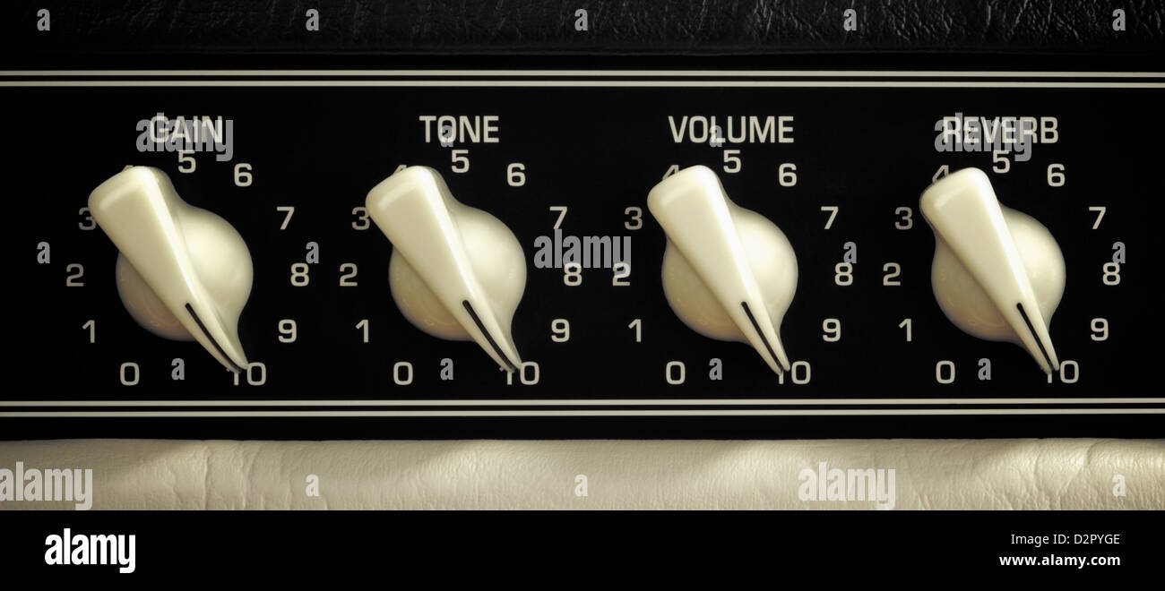 retro guitar amplifier control panel, maximum position, close up Stock ...