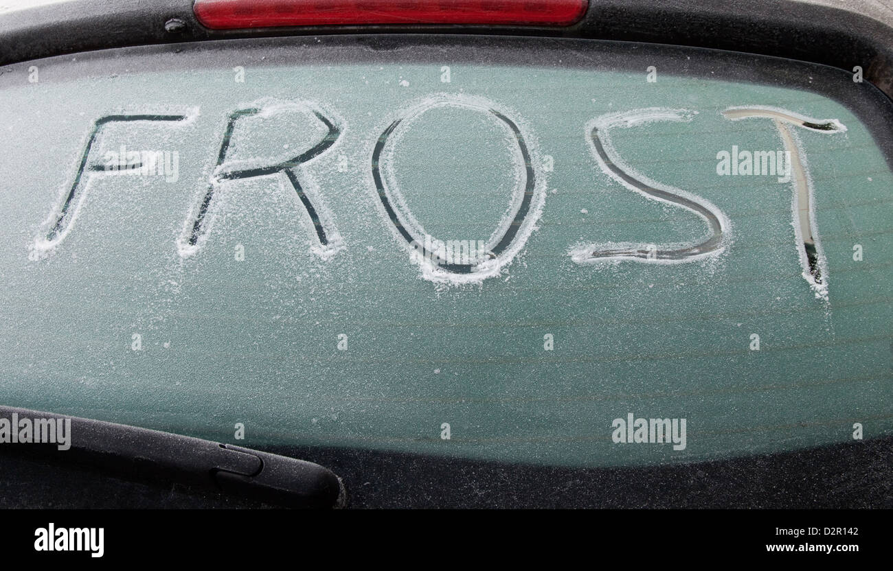 Frost written on a rear car window Stock Photo - Alamy