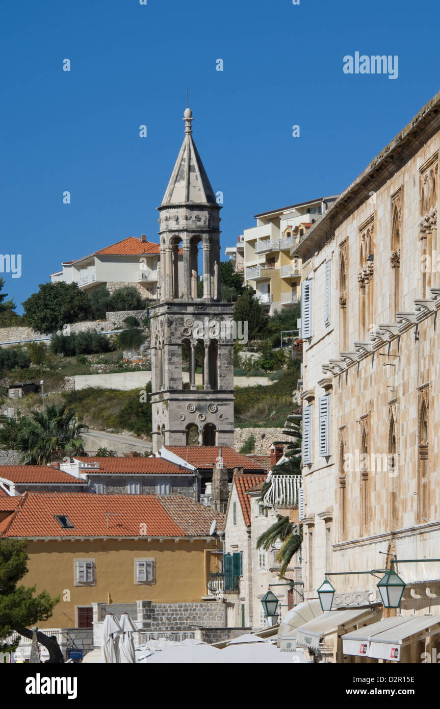 A medieval church belfry in the city of Hvar, island of Hvar, Dalmatia ...