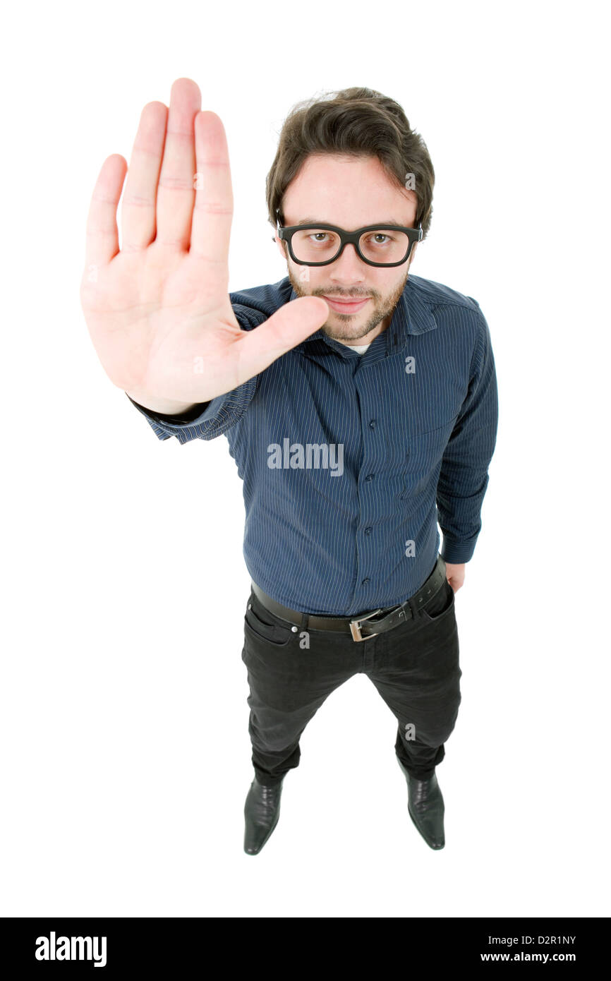 young casual man full body going stop with the hand Stock Photo - Alamy