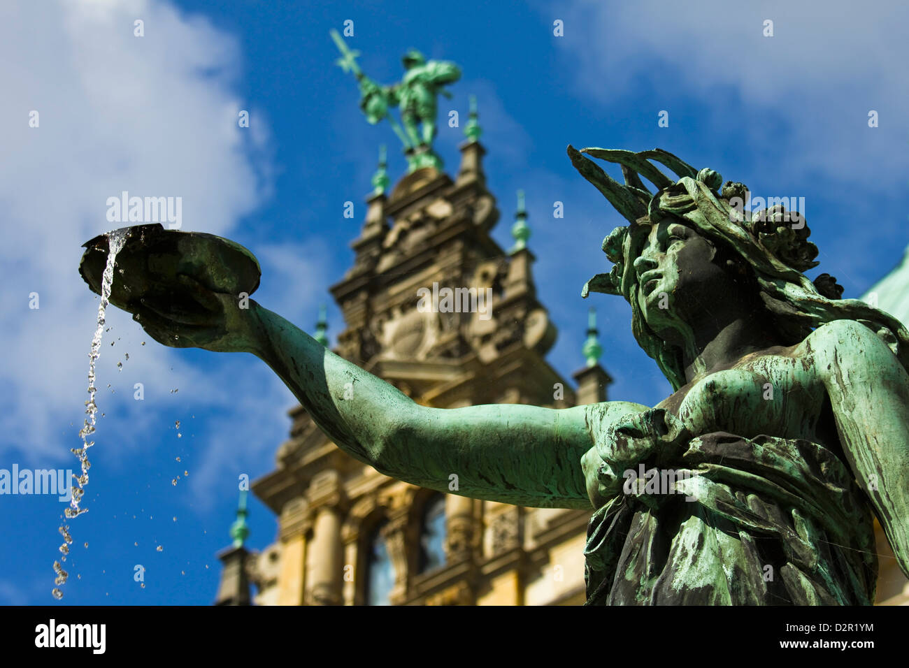 Neo-renaissance statue in a fountain at the Hamburg Rathaus (City Hall ...