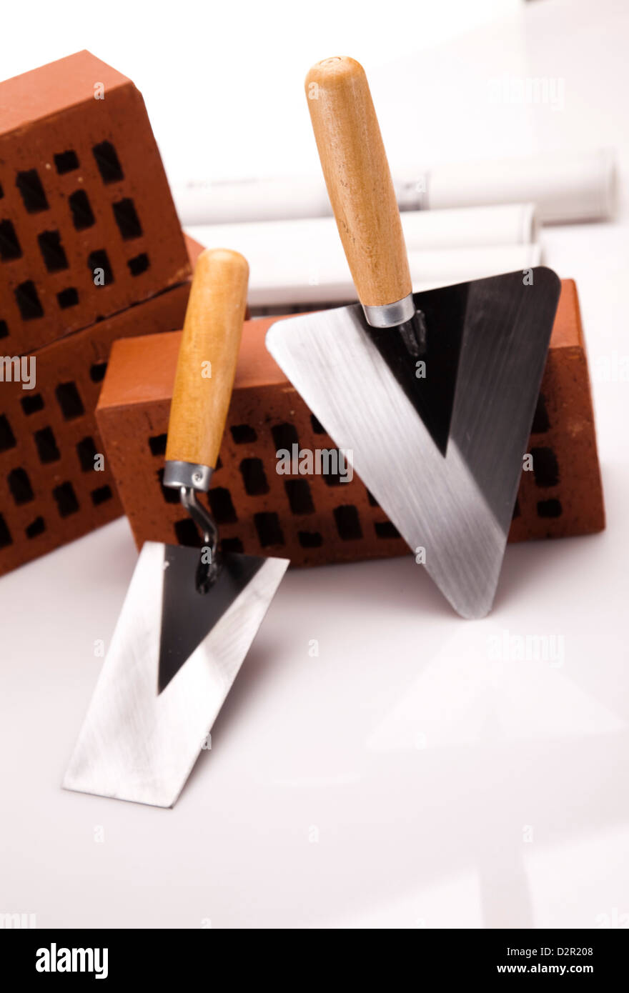 Building house,trowel and bricks Stock Photo - Alamy