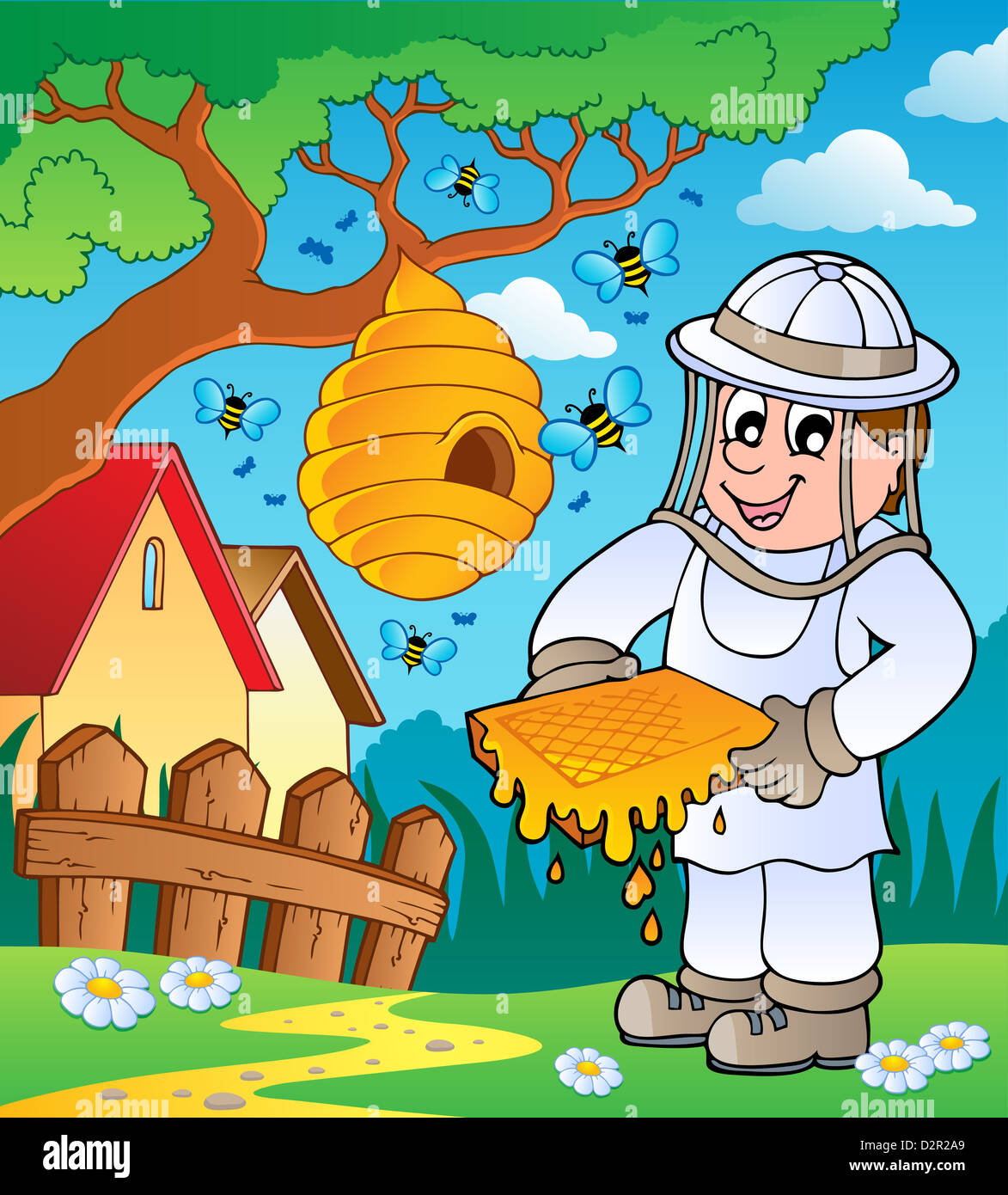 Beekeeper with hive and bees - picture illustration Stock Photo - Alamy