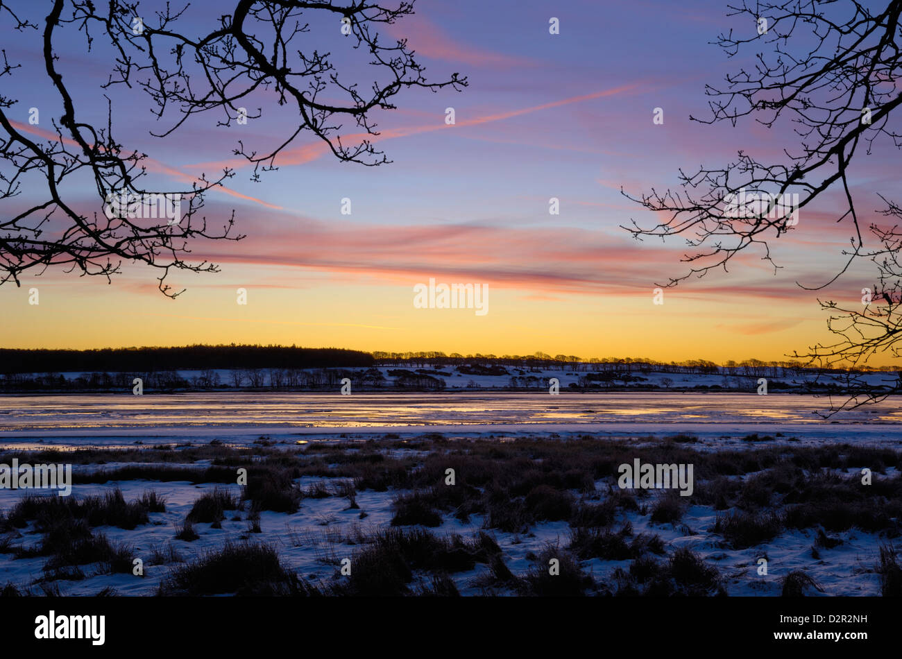 Fleet Bay in winter snow, Solway Firth, Dumfries and Galloway, Scotland ...