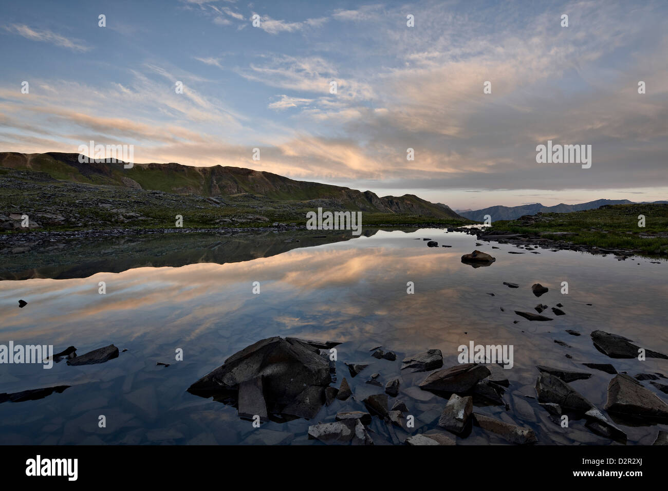 Alpine tarn at dawn, San Juan National Forest, Colorado, United States ...