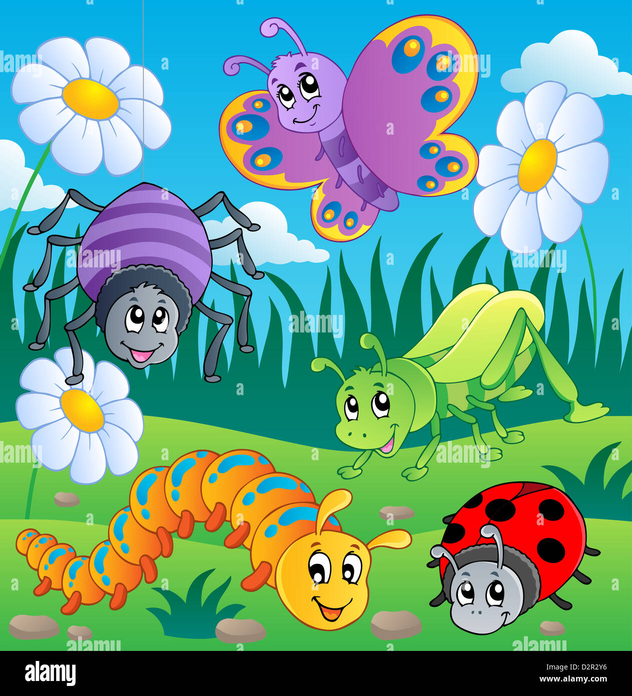 Meadow with various bugs theme 1 - picture illustration Stock Photo - Alamy