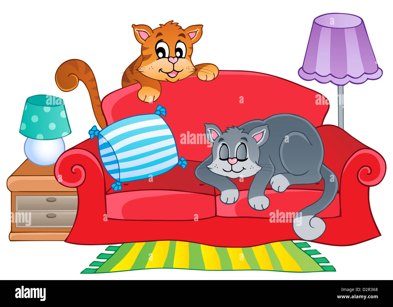 Red sofa with two cartoon cats - picture illustration Stock Photo - Alamy