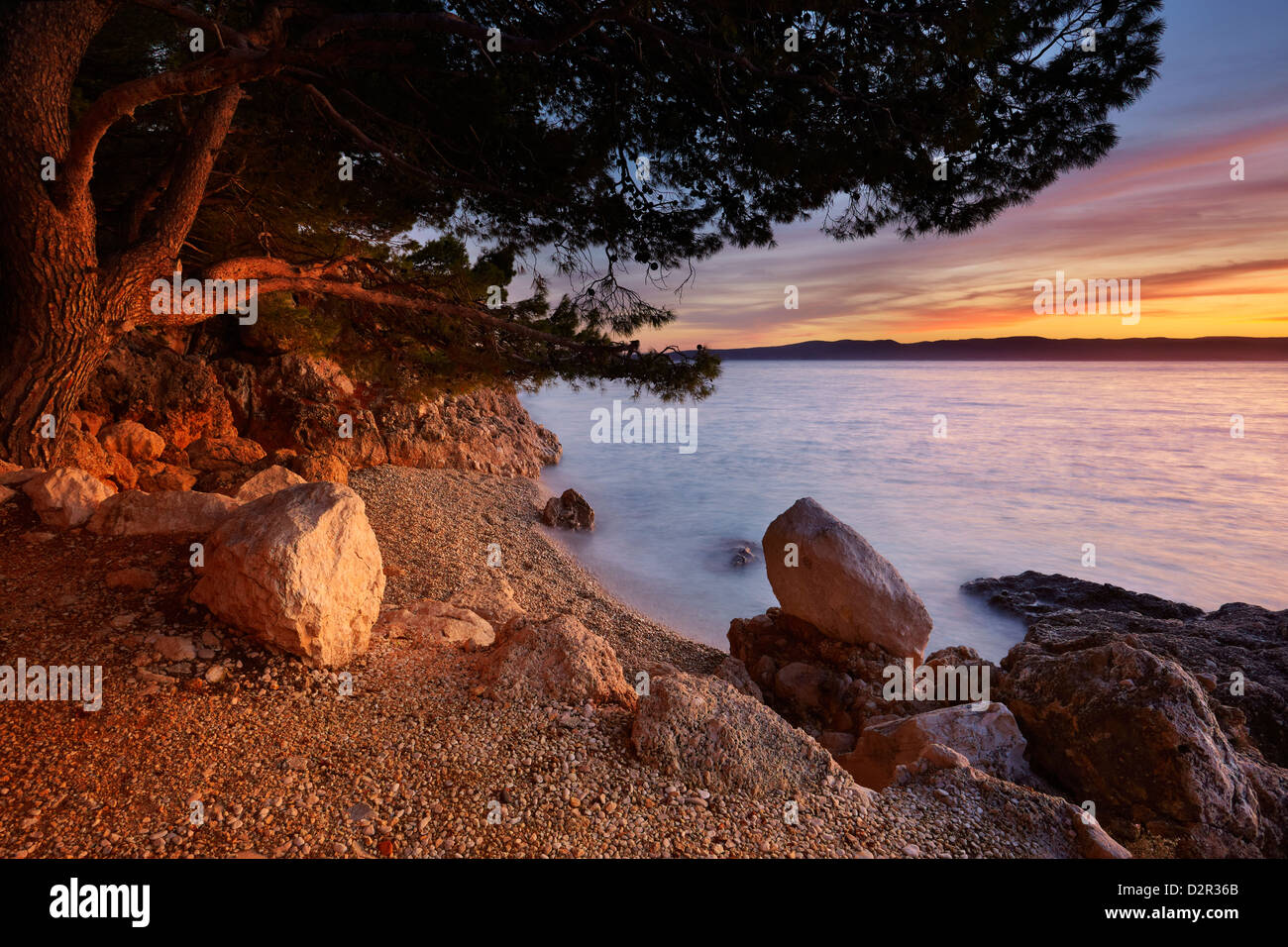 Croatia, coast in the Makarska Riviera, sunset time near Brela Village ...