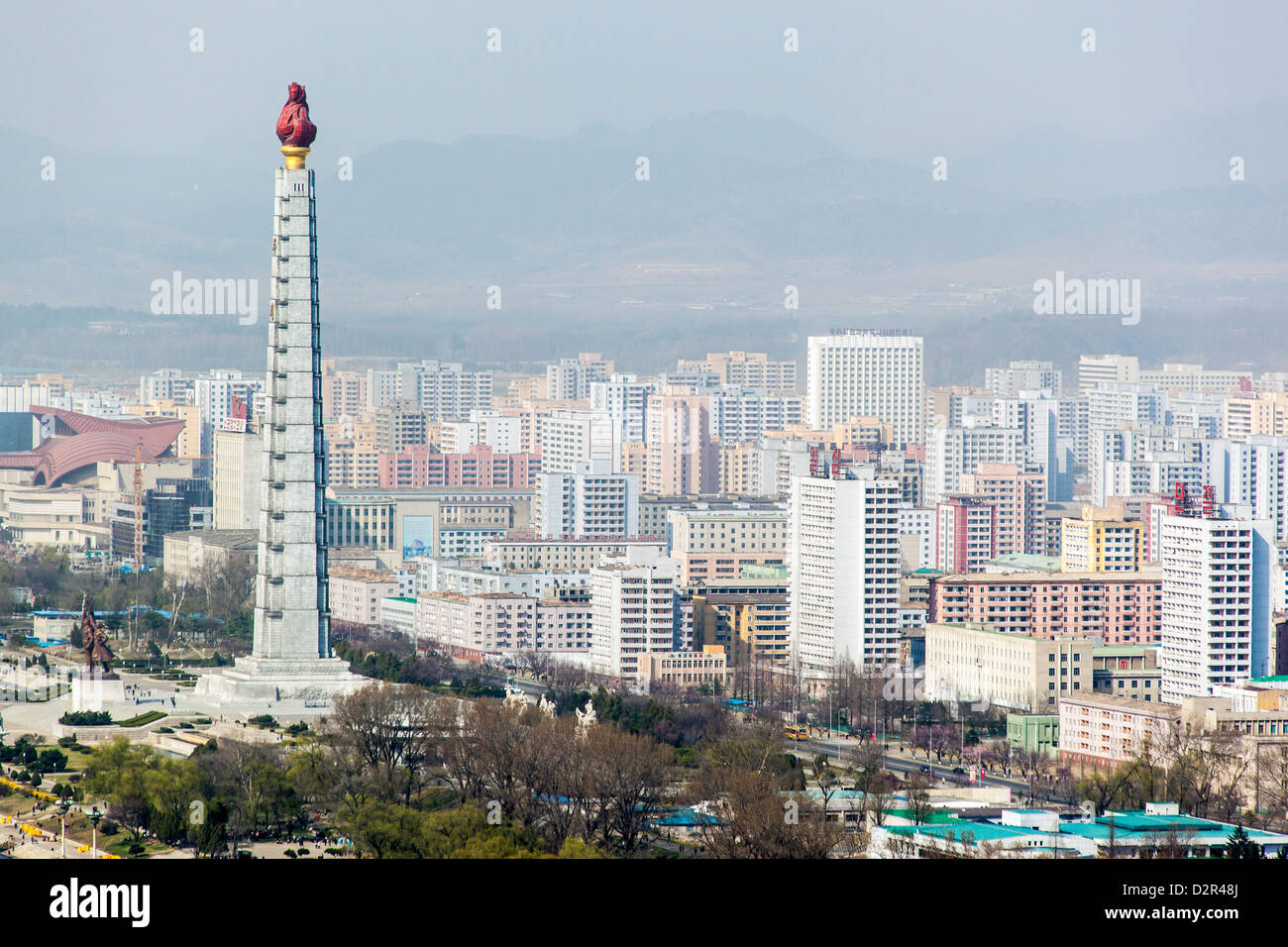 City skyline and the Juche Tower, Pyongyang, Democratic People's ...