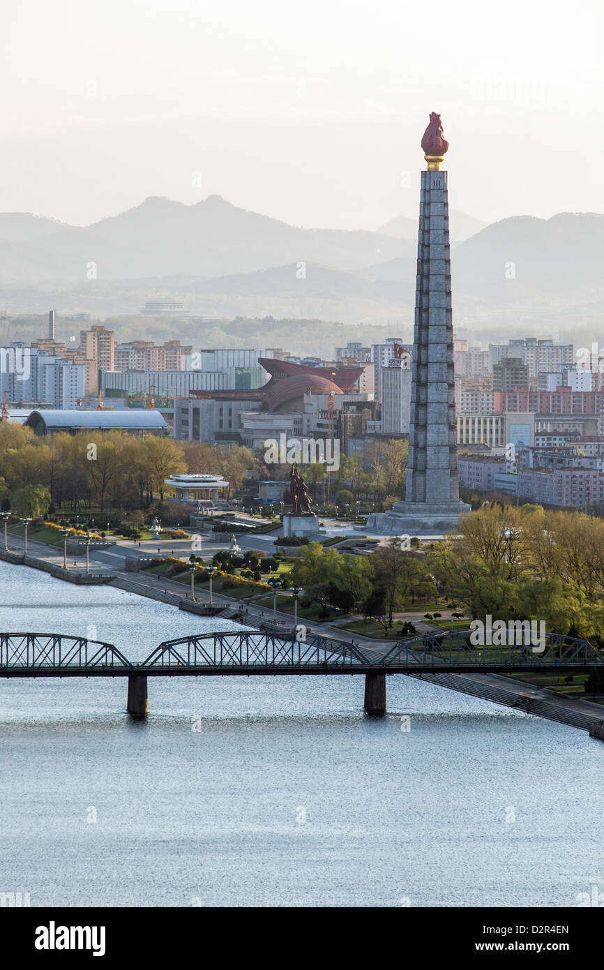City skyline and the Juche Tower, Pyongyang, Democratic People's ...