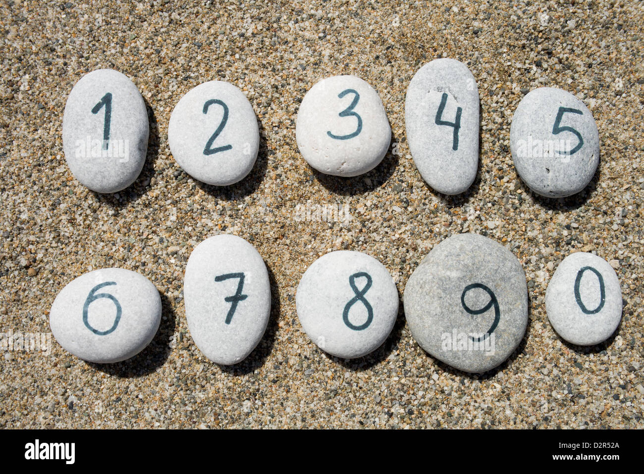 0 to 9 digits on group of stones with sand background Stock Photo - Alamy