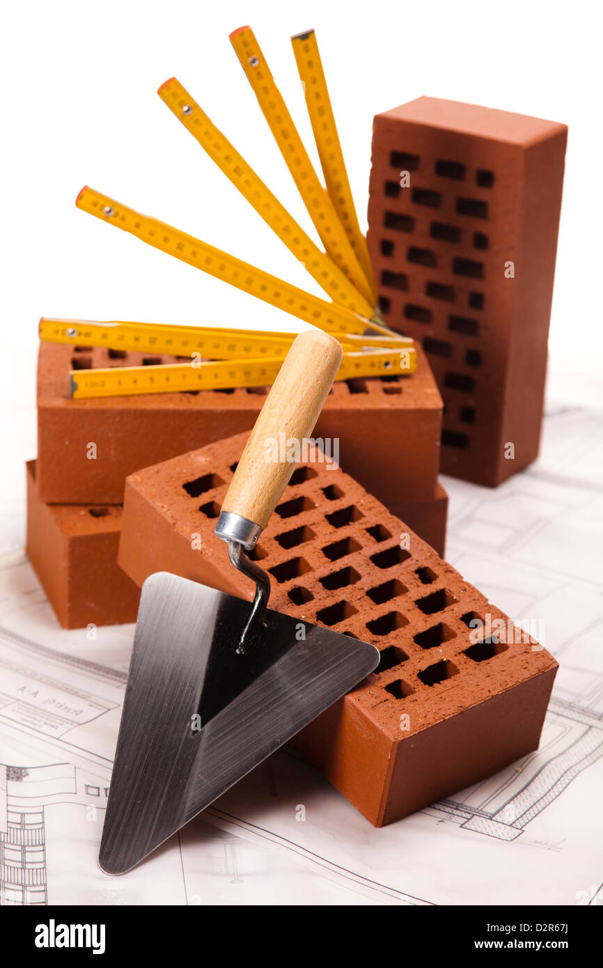 Building background,trowel and bricks Stock Photo - Alamy