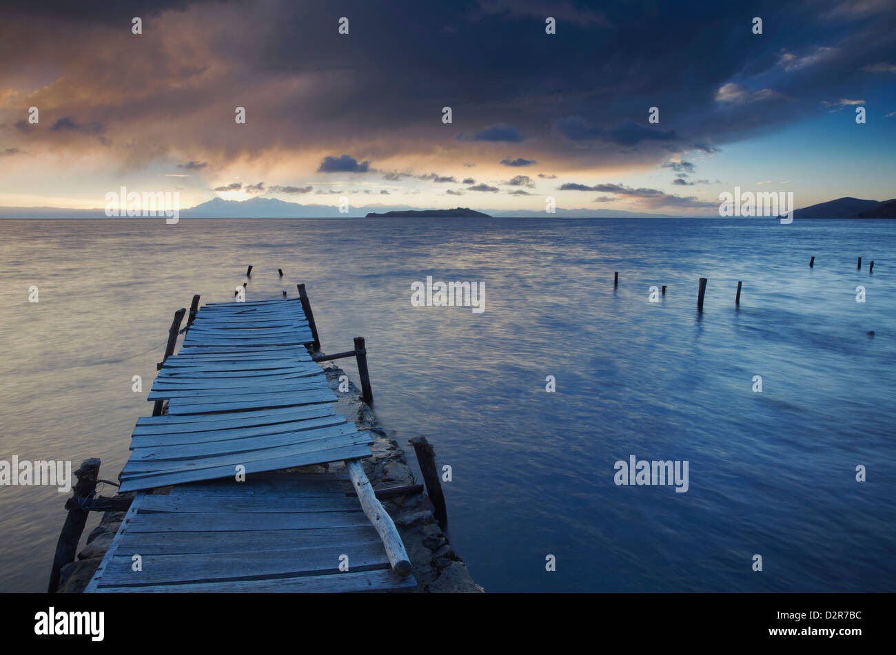 Pier on Isla del Sol (Island of the Sun) at dawn, Lake Titicaca ...