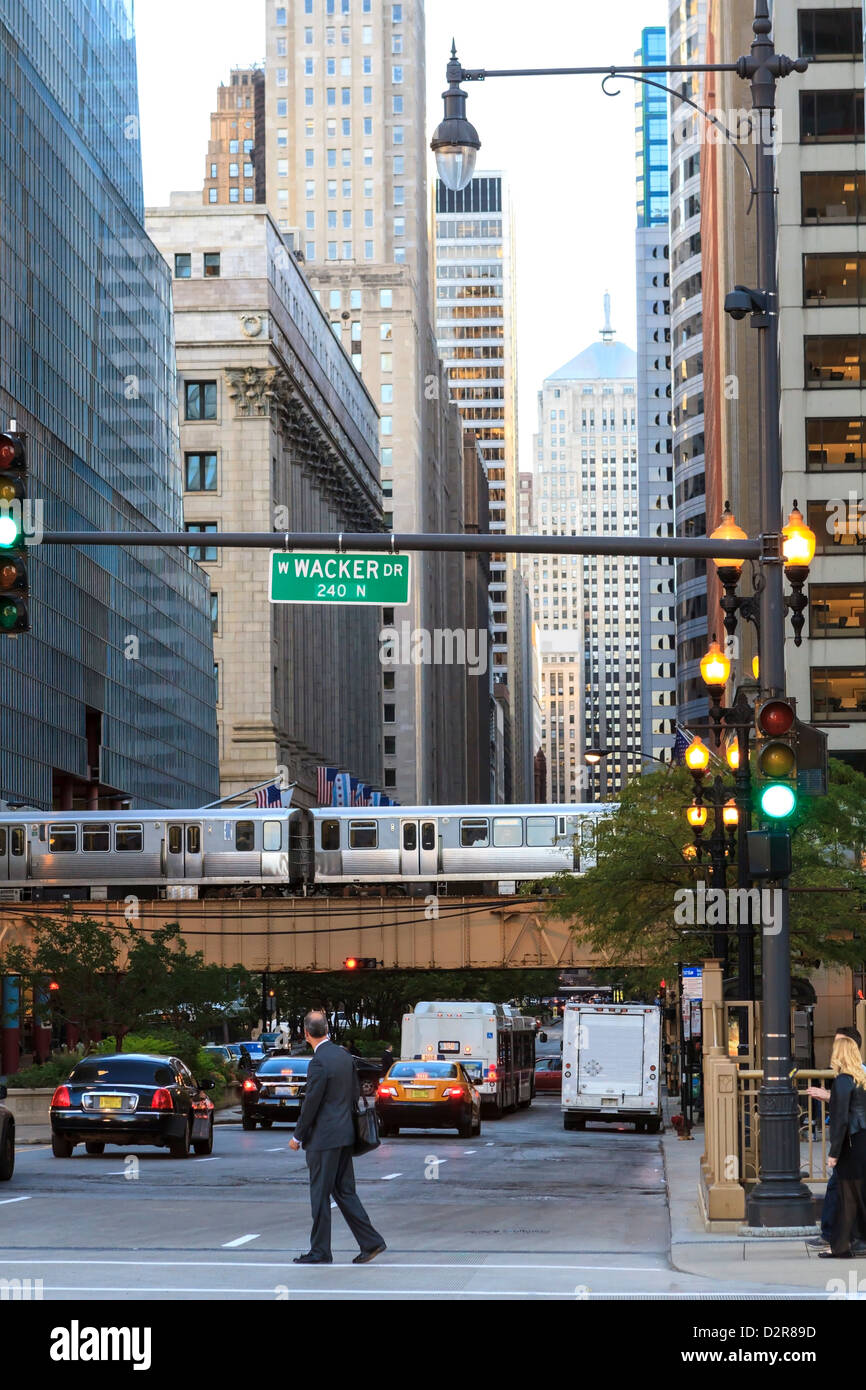 El train crossing North Clark Street, The Loop, Chicago, Illinois ...