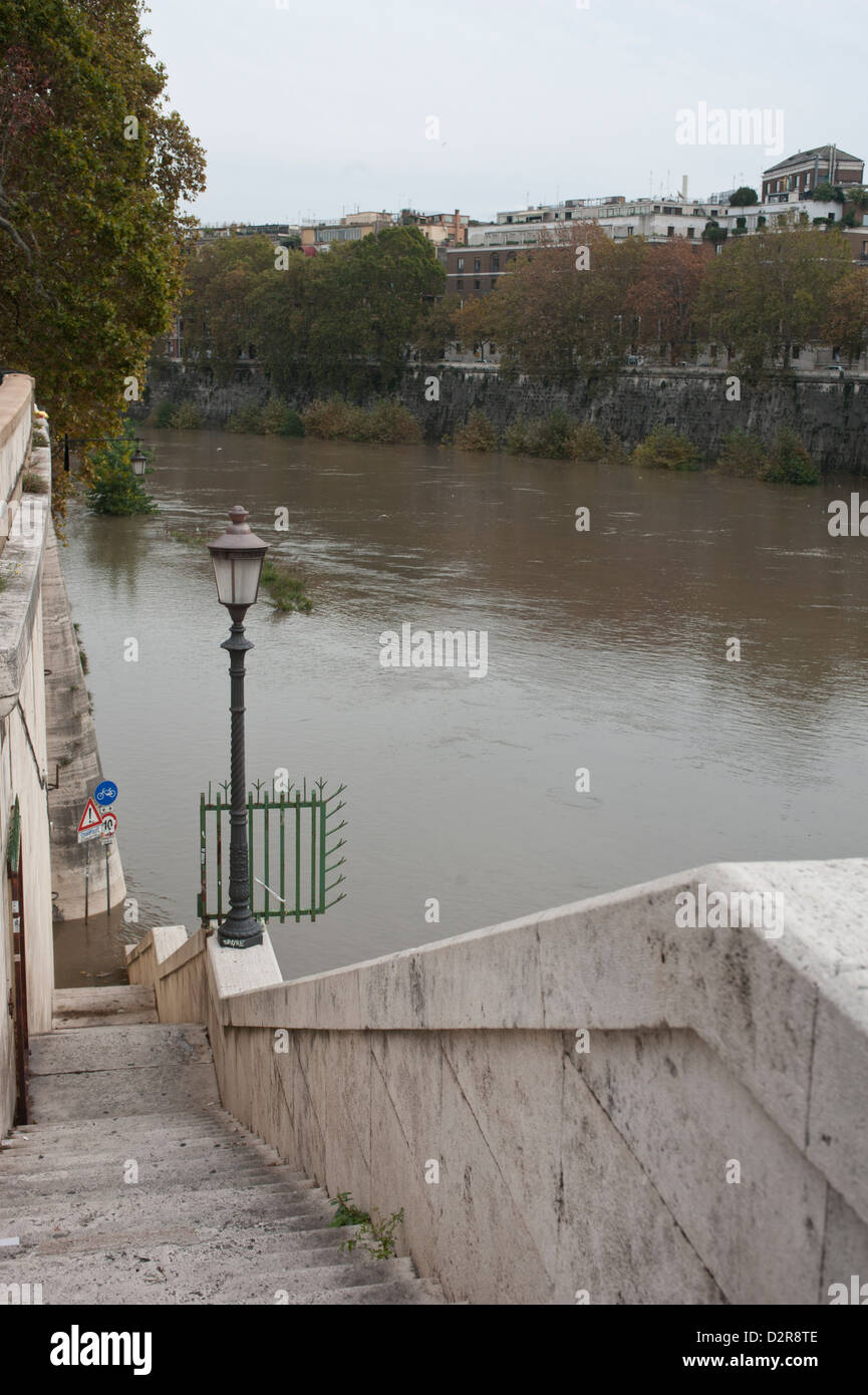 View of the River Tiber in flood, central Rome, Italy. November 2012 ...