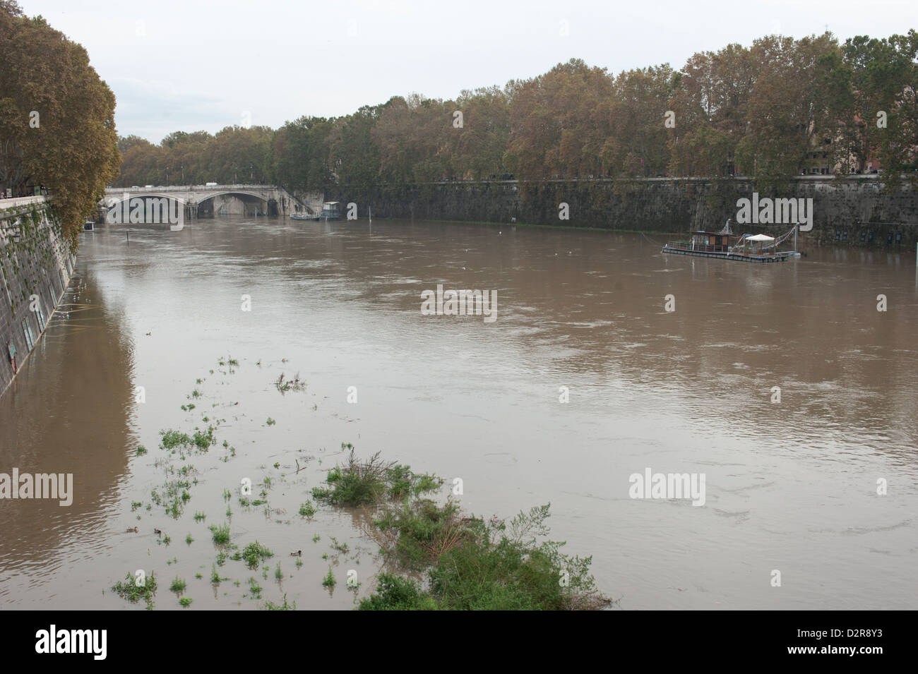 View of the River Tiber in flood, central Rome, Italy. November 2012 ...