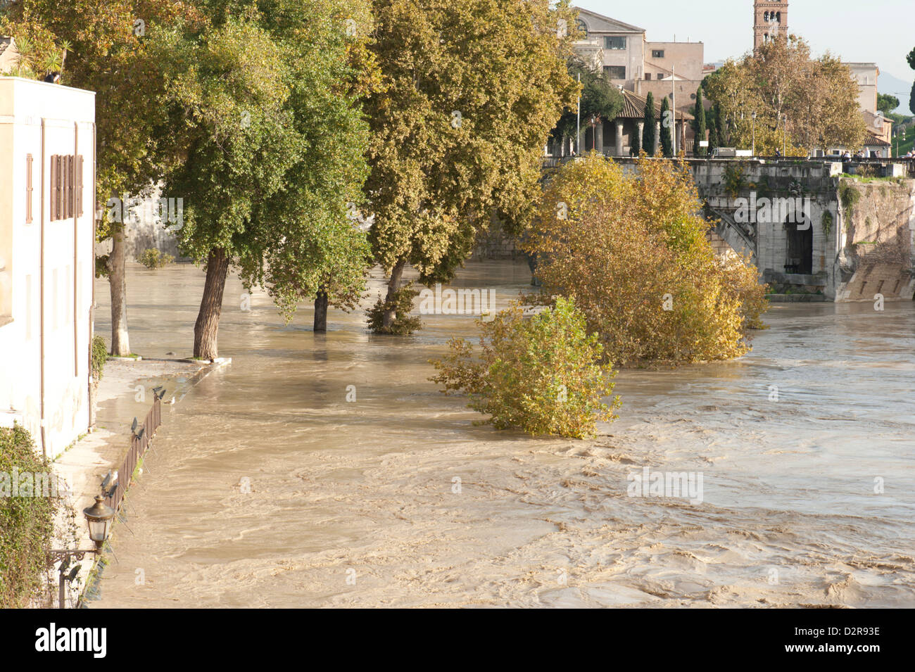 View of the River Tiber, by Isola Tiberna, in flood after heavy rains ...