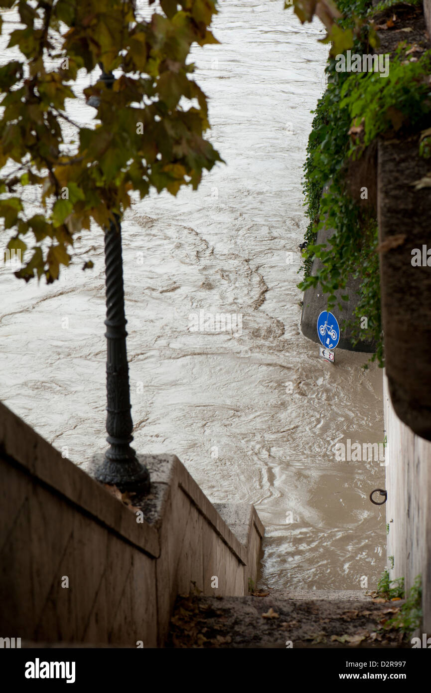 View of the River Tiber, by Isola Tiberna, in flood after heavy rains ...