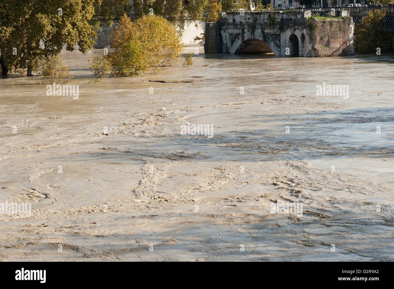 View of the River Tiber, by Isola Tiberna, in flood after heavy rains ...