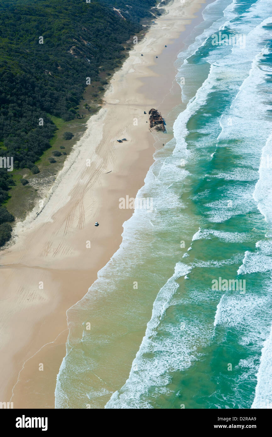 Aerial of the 75 mile beach and Mahona II shipwreck, Fraser Island ...