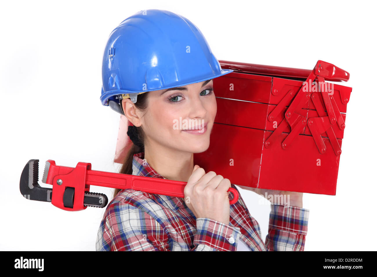 Woman holding wrench and tool box Stock Photo - Alamy
