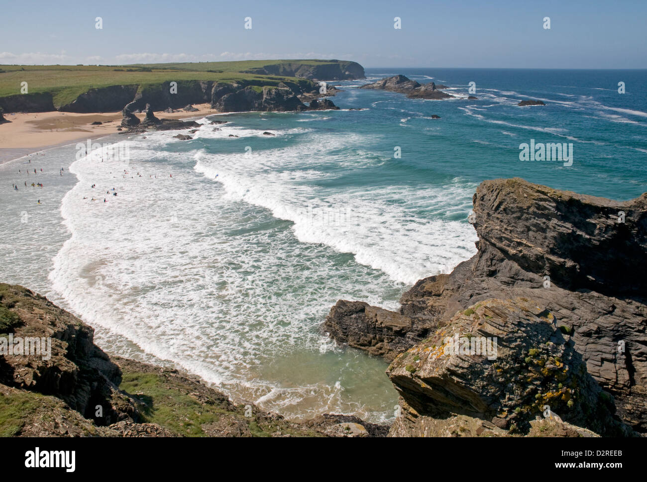 The view south across Porthcothan Bay, a popular beach in north ...