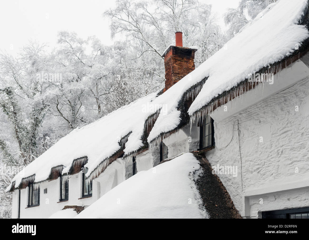 A thatched cottage covered in snow and icicles, during extreme cold ...
