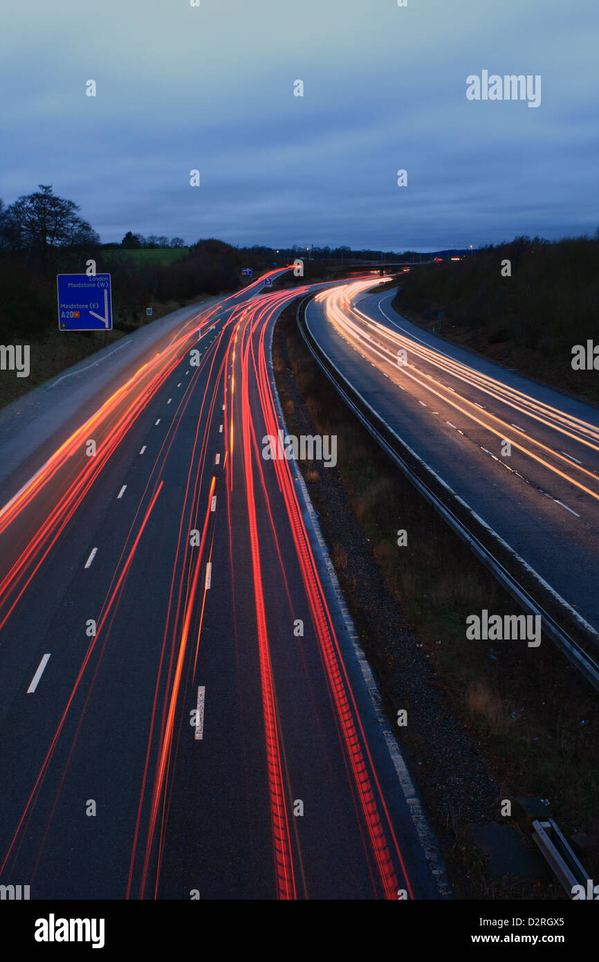 Light trails of vehicles traveling along the M20 motorway in Kent ...