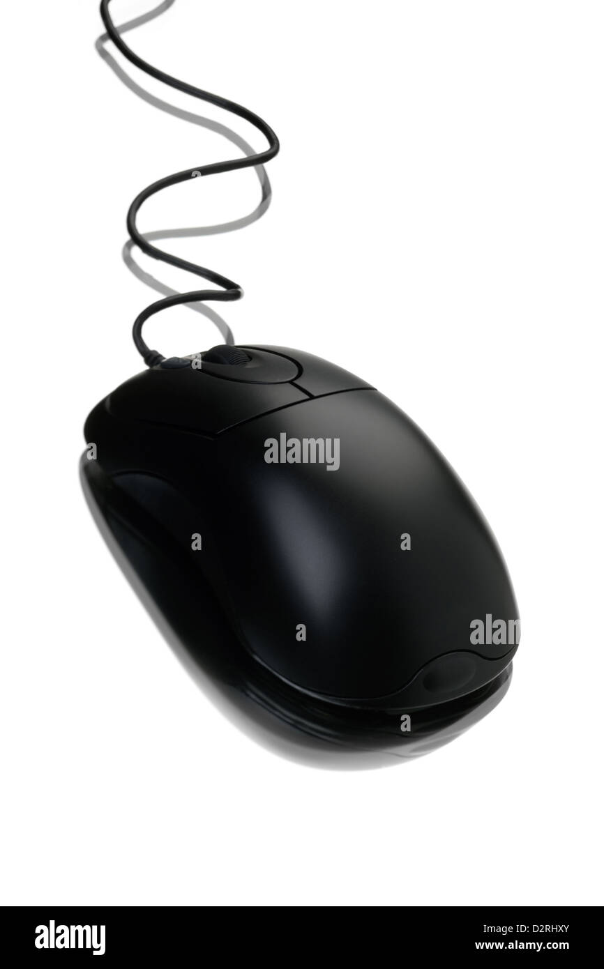 gray computer mouse with cable and reflection, on white background ...