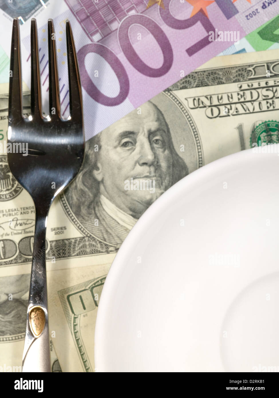 Finance dinner background. Dollars and Euro banknotes Stock Photo - Alamy