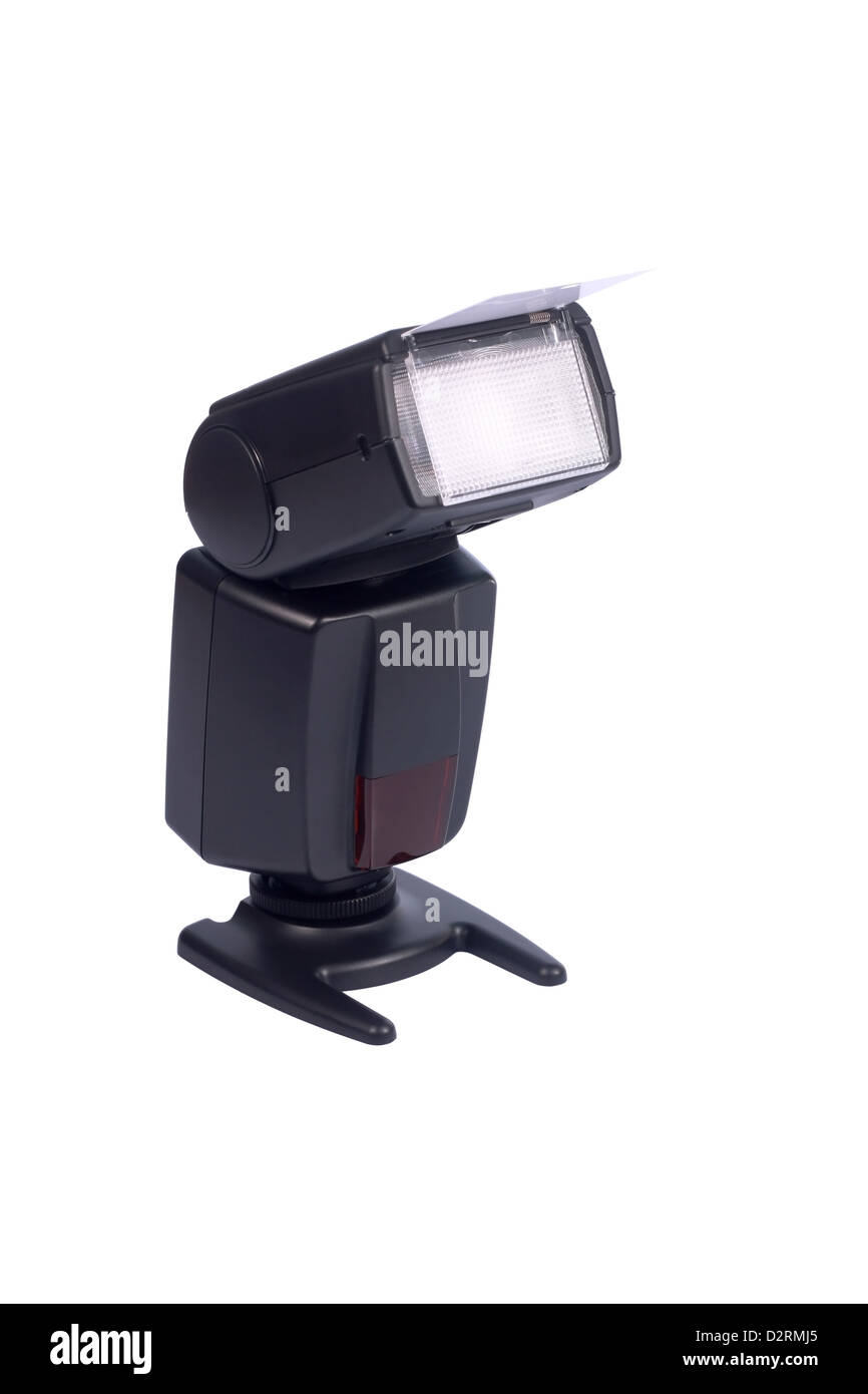 External speedlight with reflector plate and diffuser isolated on white ...