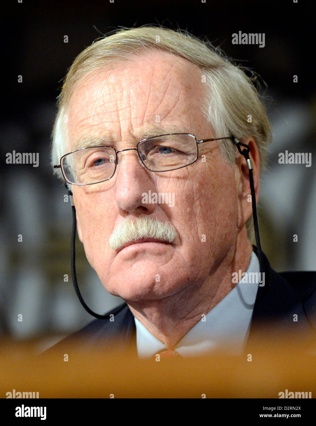 United States Senator Angus King (Independent of Maine) listens as ...