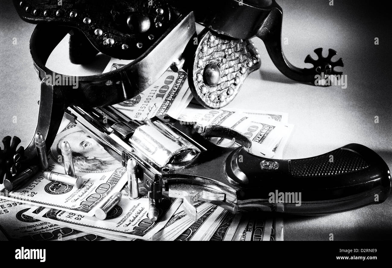 Western still life over money background. shot with view camera. Film ...