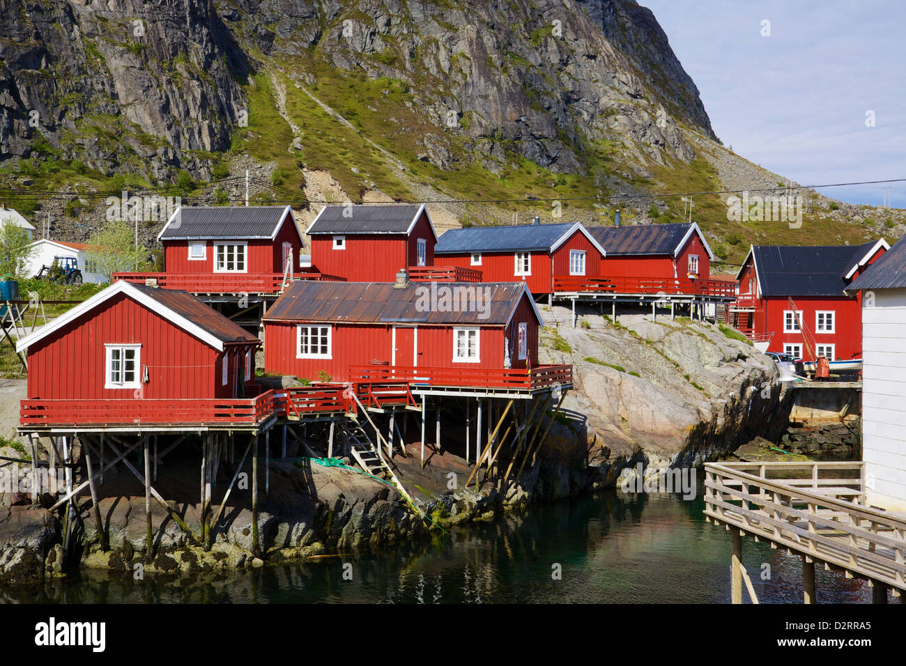 Typical red rorbu fishing huts on Lofoten islands in Norway Stock Photo ...