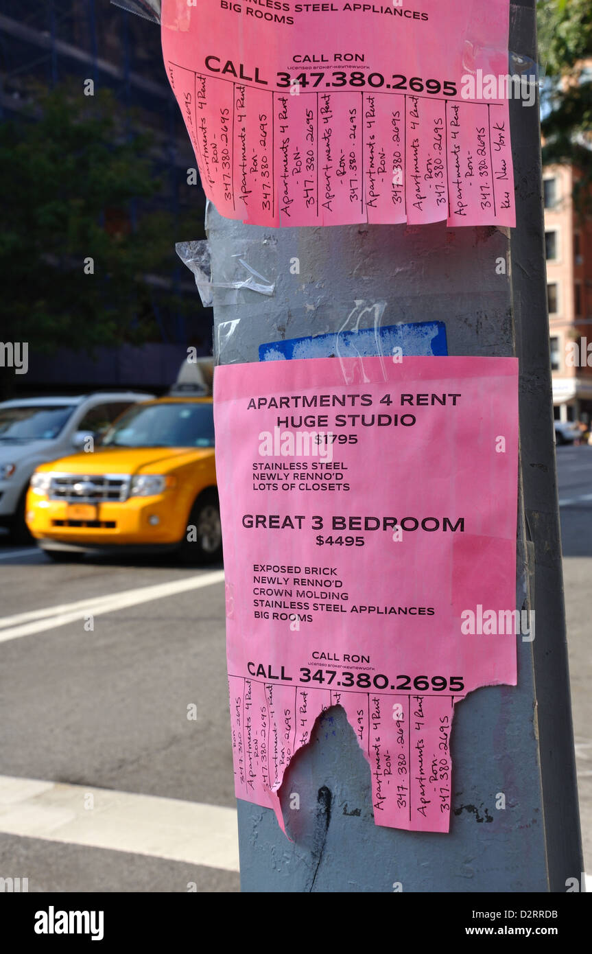 Apartment for rent ad stuck to a lamp post, New York City, USa Stock ...