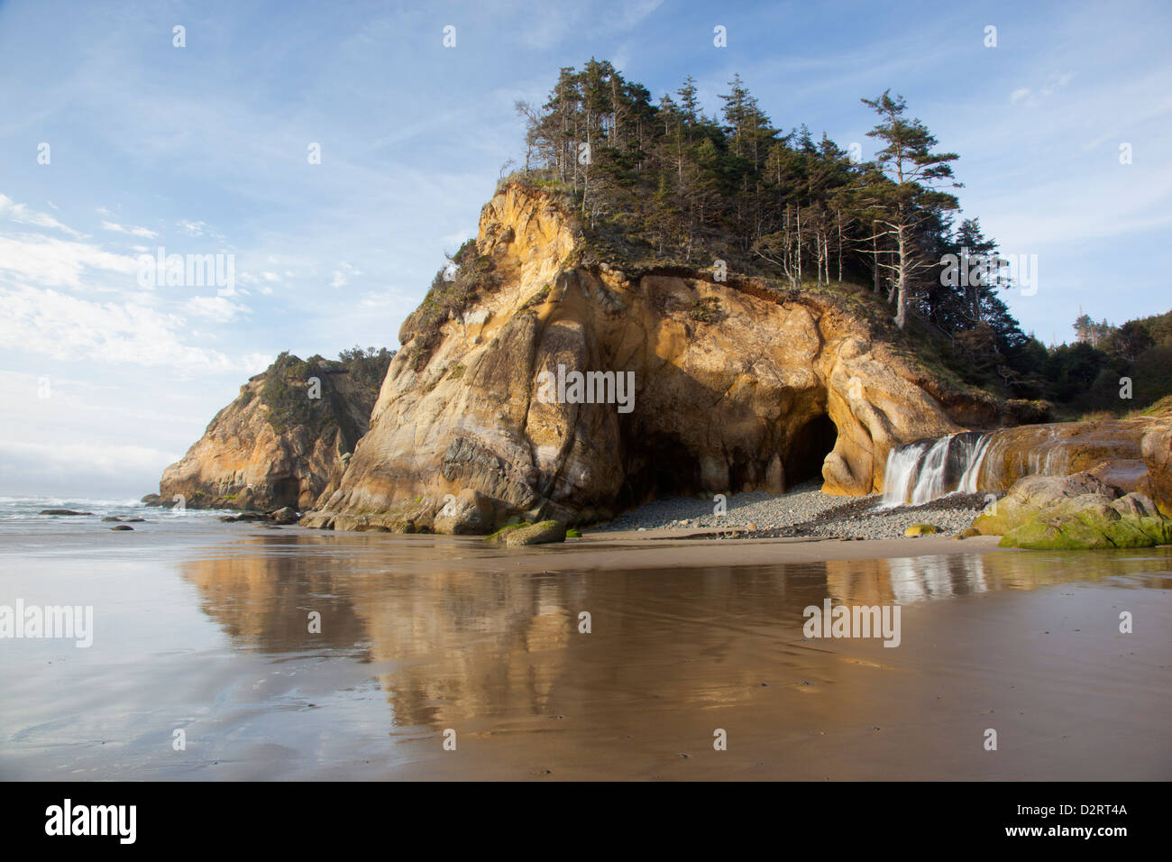 OR, Oregon Coast, Hug Point State Park, Sea caves and waterfall at Hug ...
