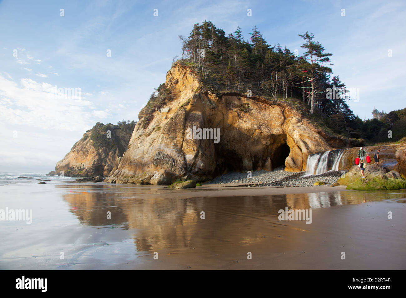 OR, Oregon Coast, Hug Point State Park, Sea caves and waterfall at Hug ...