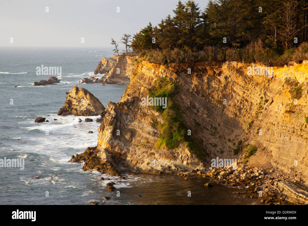 OR, Shore Acres State Park, sandstone cliffs and shore line Stock Photo ...