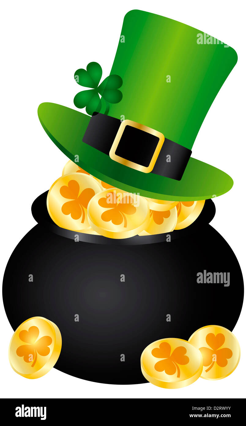 St Patricks Day Irish Leprechaun Hat with Shamrock Leaf on Pot of Gold ...