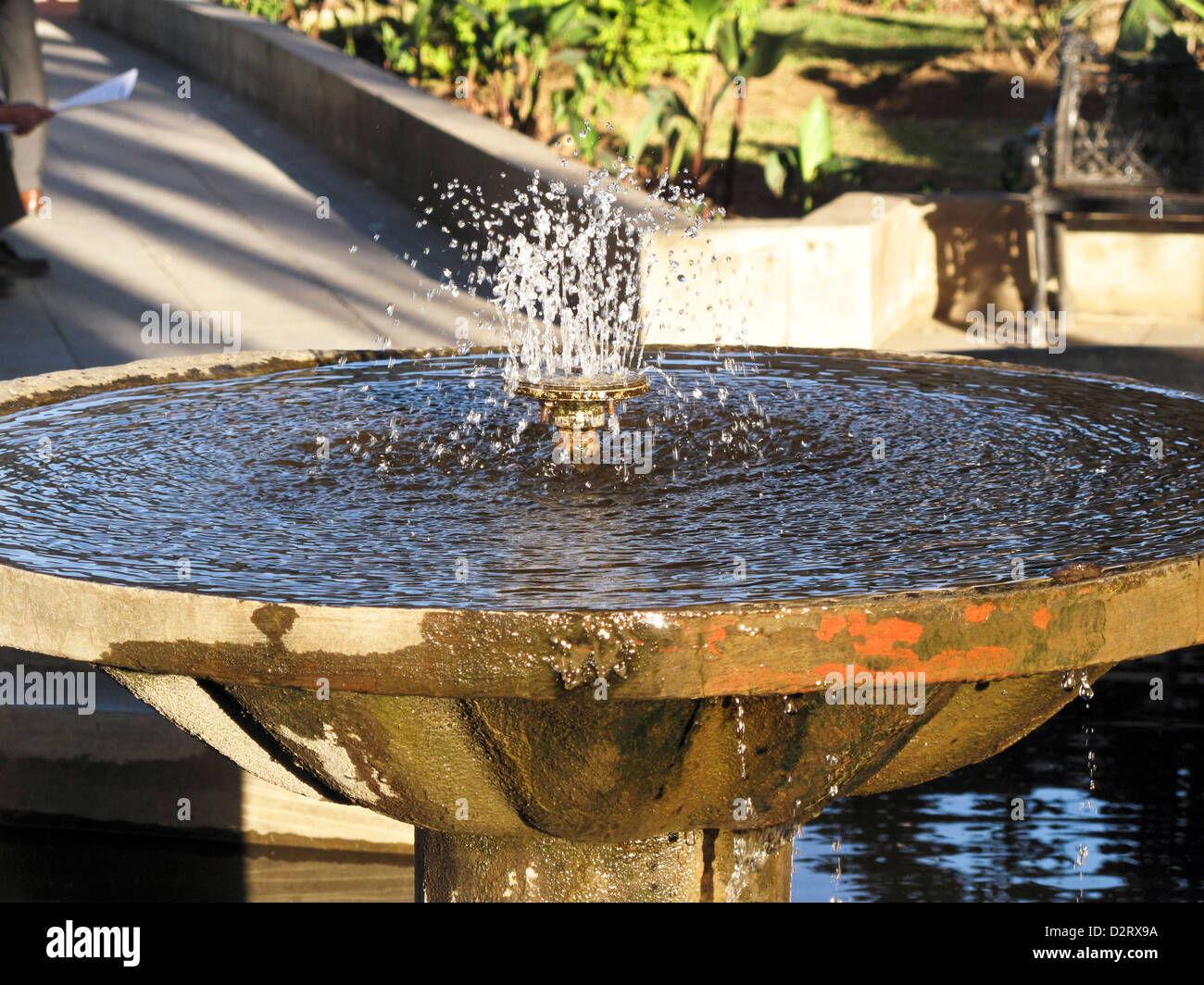 sunlight on sparkling water falling into & overflowing basin of small ...