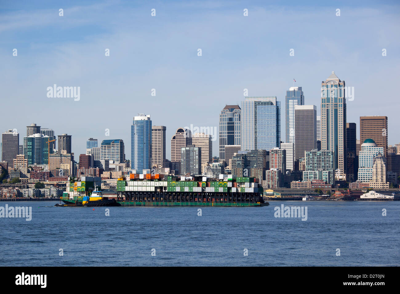 WA, Seattle, Container ship on Elliott Bay, with Seattle skyline Stock ...