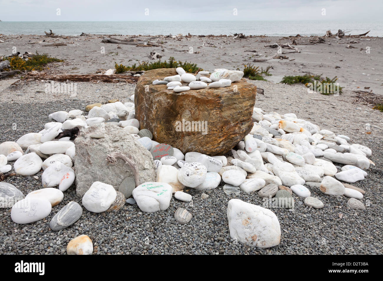 Stones with names at Ship Creek, Haast Beach, New Zealand Stock Photo ...