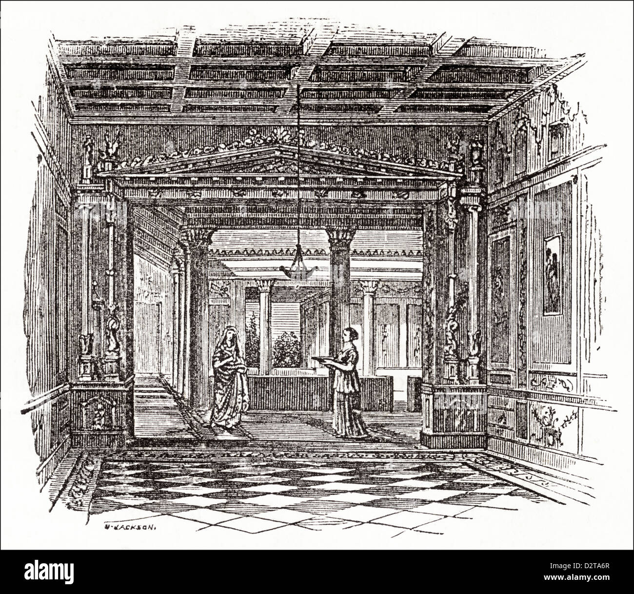 Typical room of Roman Villa restoration from Pompeii Victorian woodcut ...
