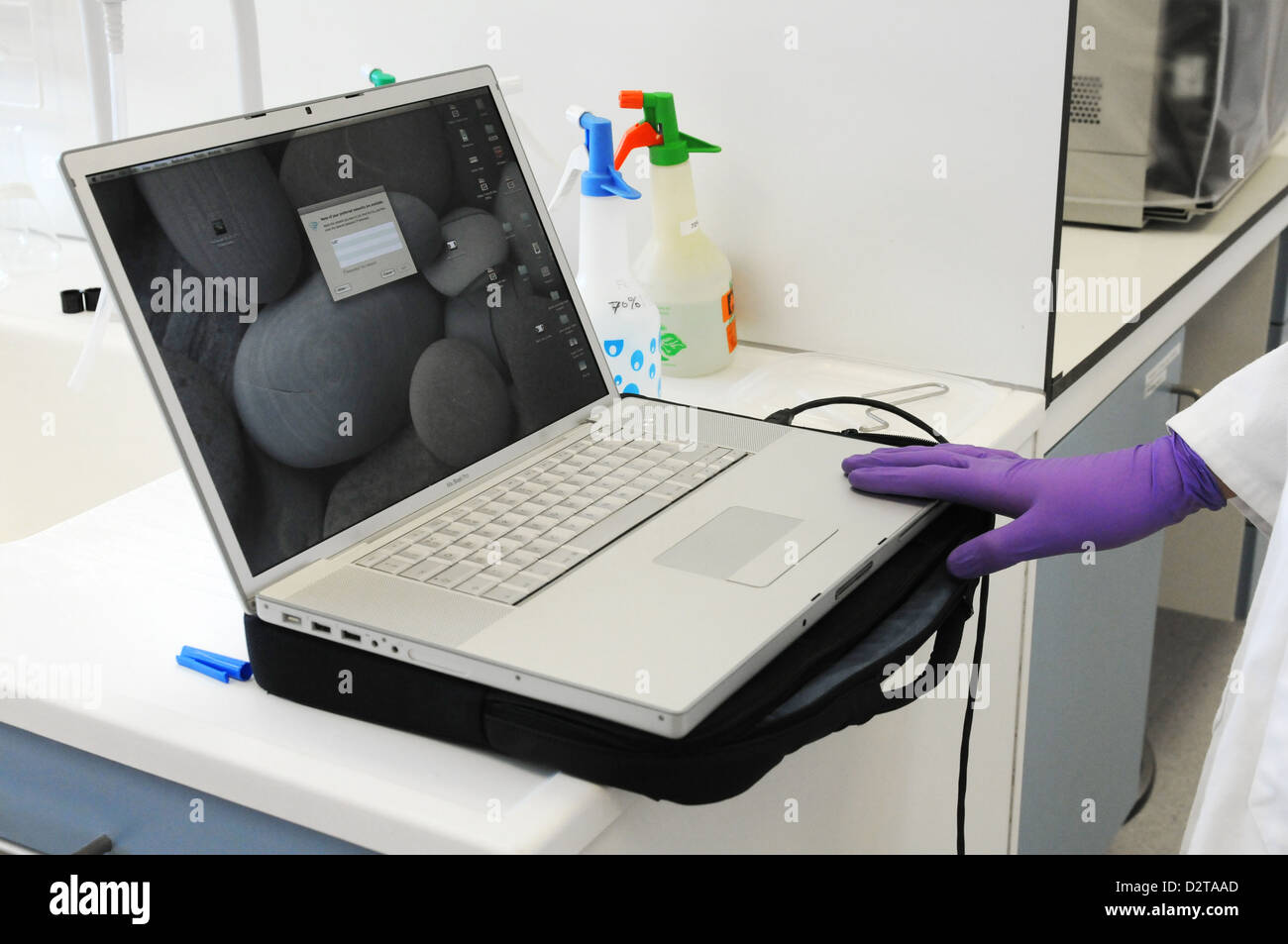 Apple Mac laptop being used by a scientist wearing purple gloves in a ...