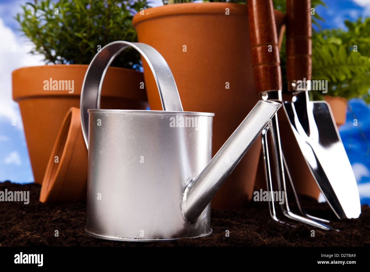 Watering Can And Gardening Tools Stock Photo - Alamy