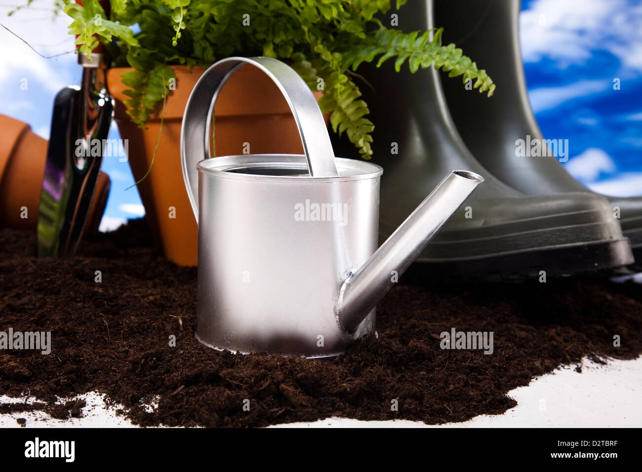 Watering Can And Gardening Tools Stock Photo - Alamy
