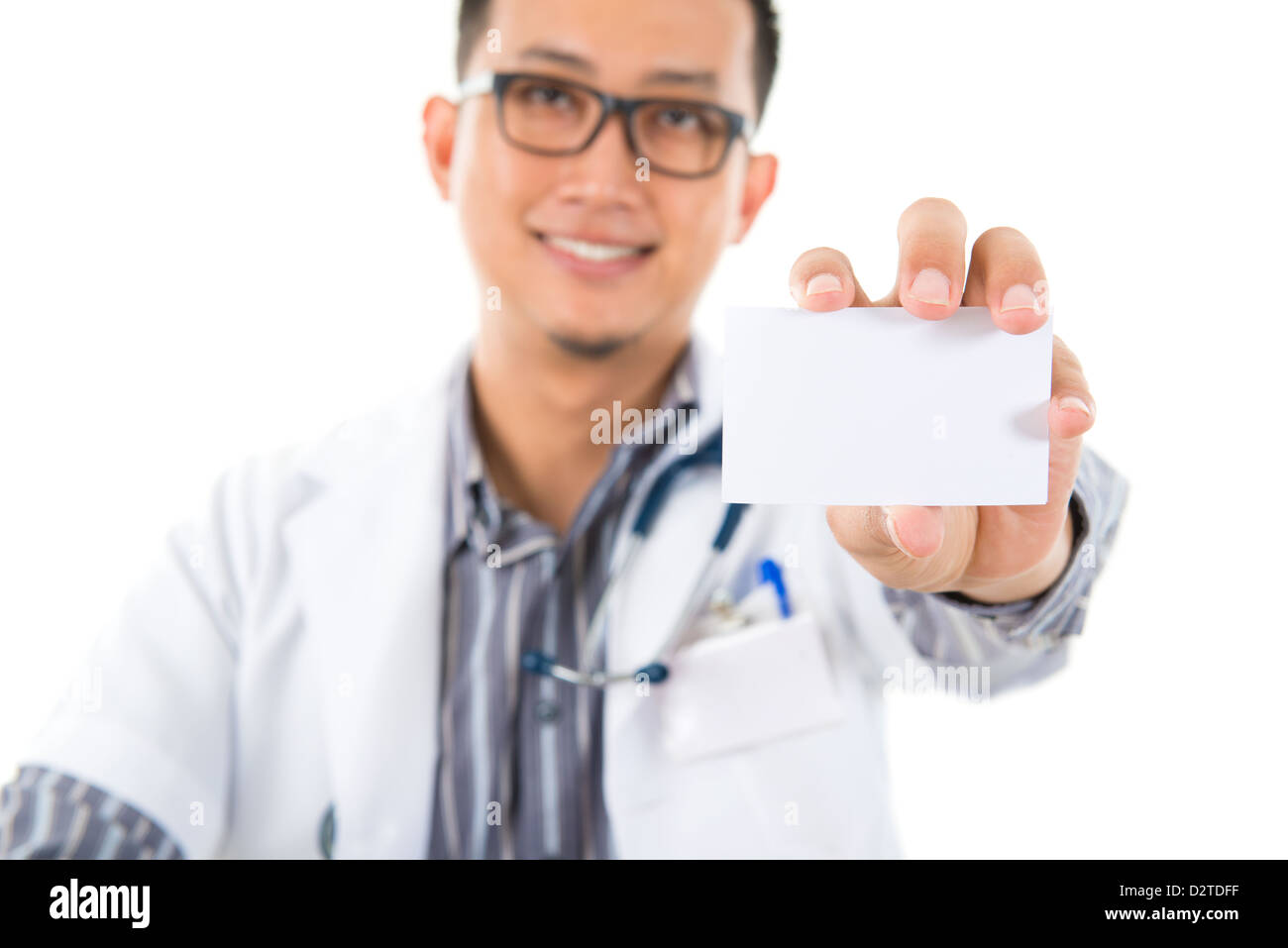 Southeast Asian medical male doctor showing his name card, isolated on ...