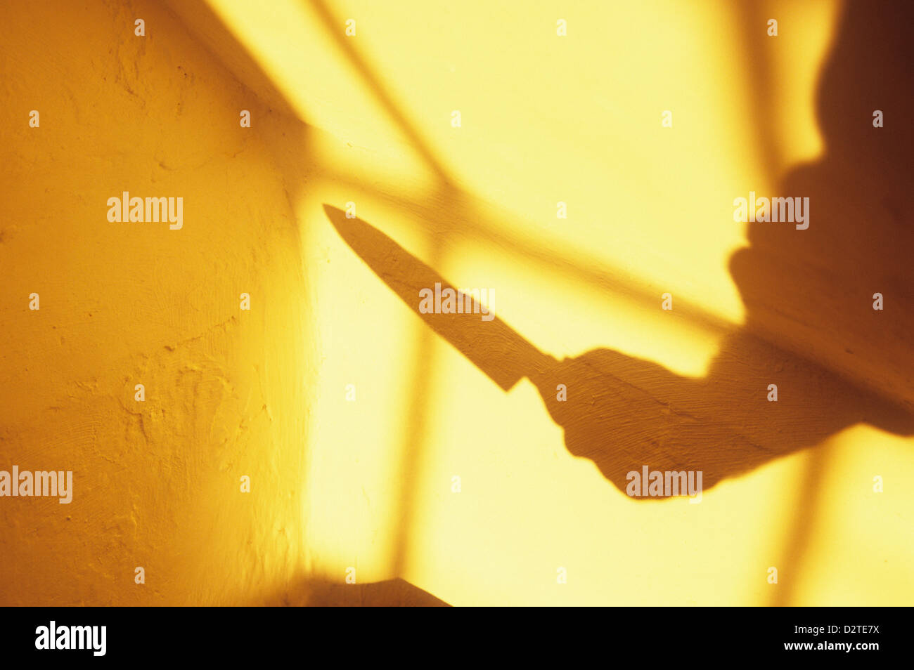 Shadow in warm light of window frames with hand holding long-bladed ...